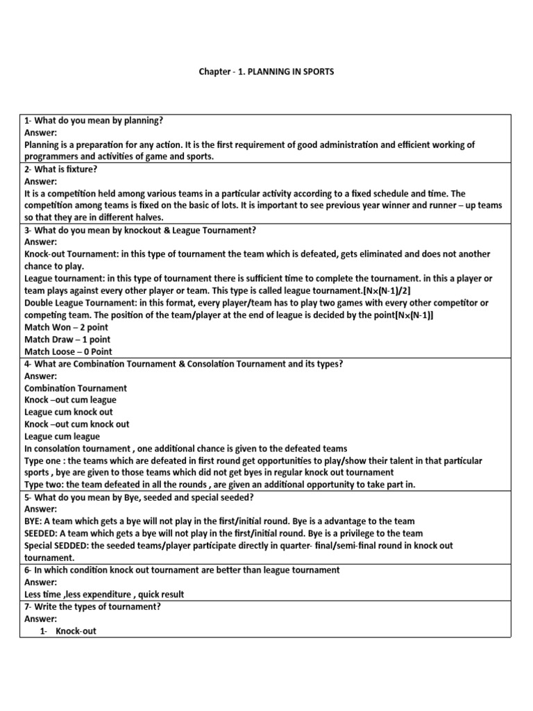 Chapter 1 (Planning in Sports) Marking Scheme | PDF