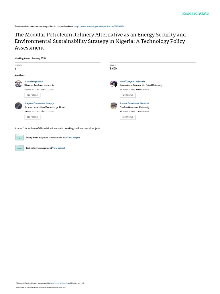 The Modular Petroleum Refinery Alternative As An Energy Security and ...