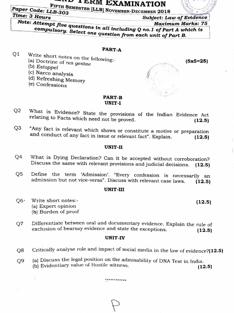 Law of Evidence Examination Paper | PDF | Evidence (Law) | Burden Of ...