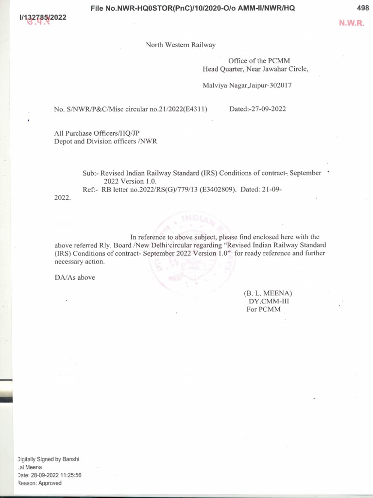 27-09-2022 S-NWR-P&C-Misc - Circular No. 21 - 2022 E4311 Revised Indian Railway Standard (IRS ...
