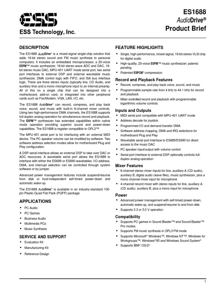 ES1688 AudioDrive (Summary) | PDF | Computing | Electrical Engineering