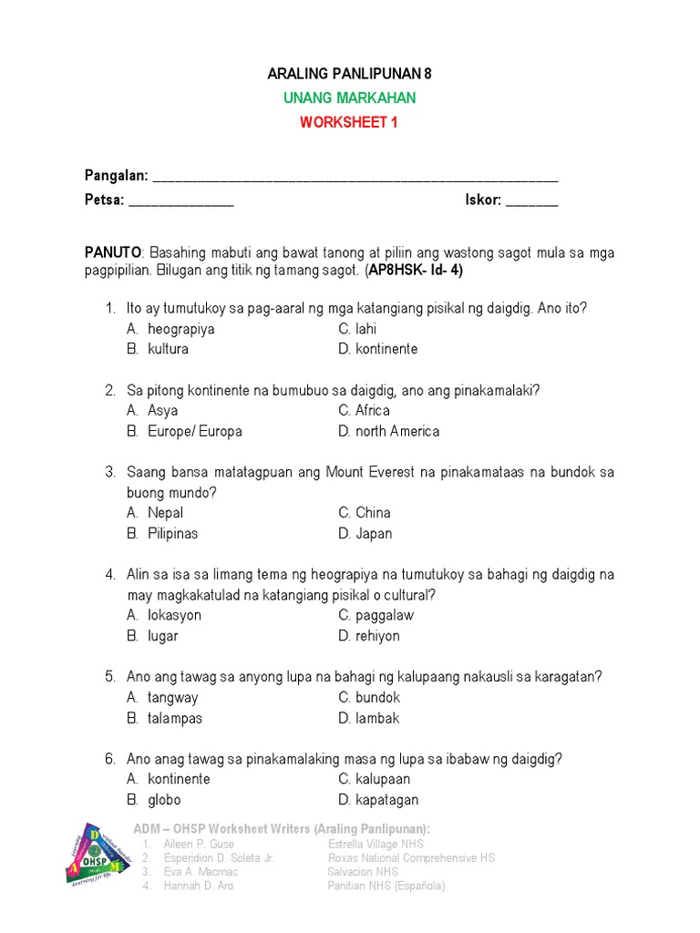 ADM Worksheet Quarter 1 (Araling Panlipunan - G8) | PDF