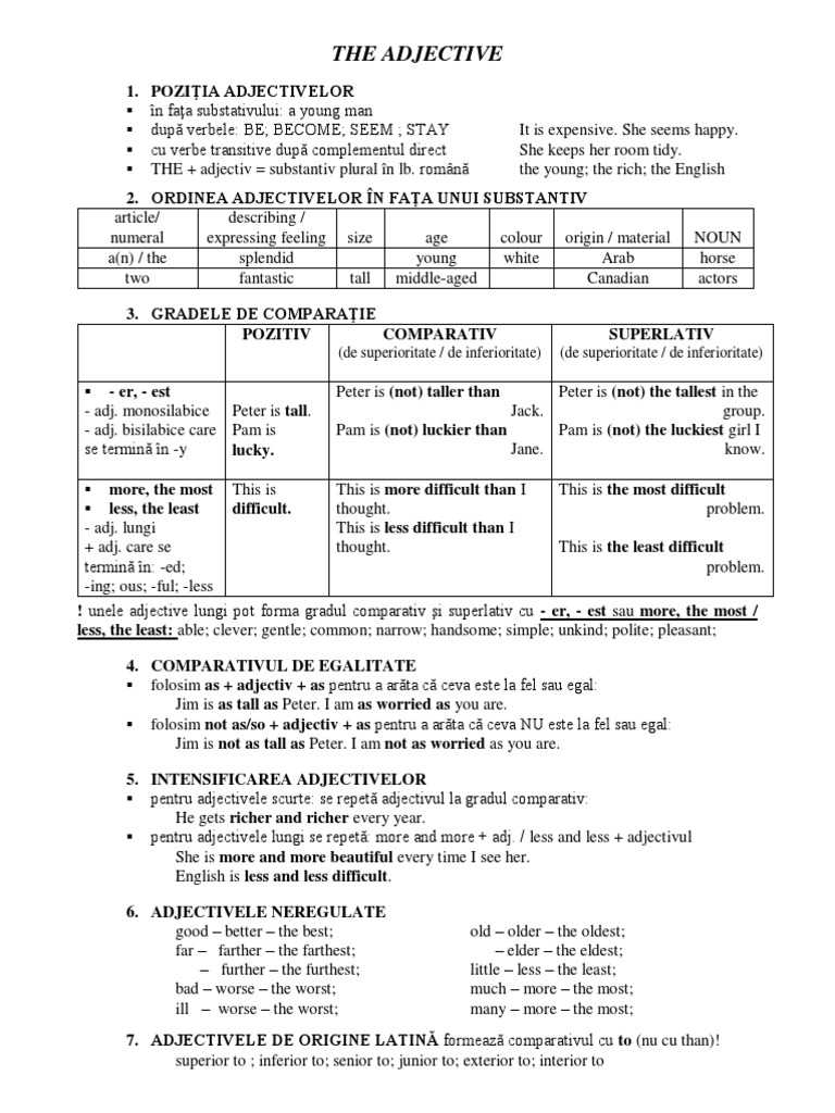 Adjectiv - Fisa Teorie + Exercitii | PDF