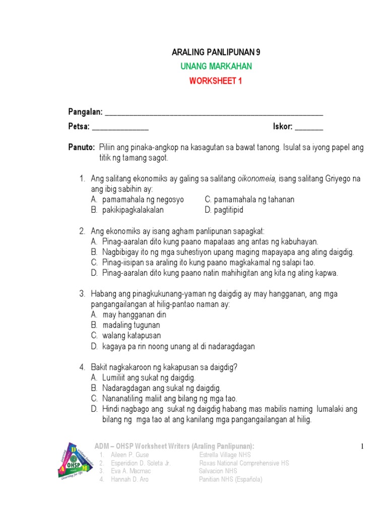 ADM Worksheet Quarter 1 (Araling Panlipunan - G9) | PDF