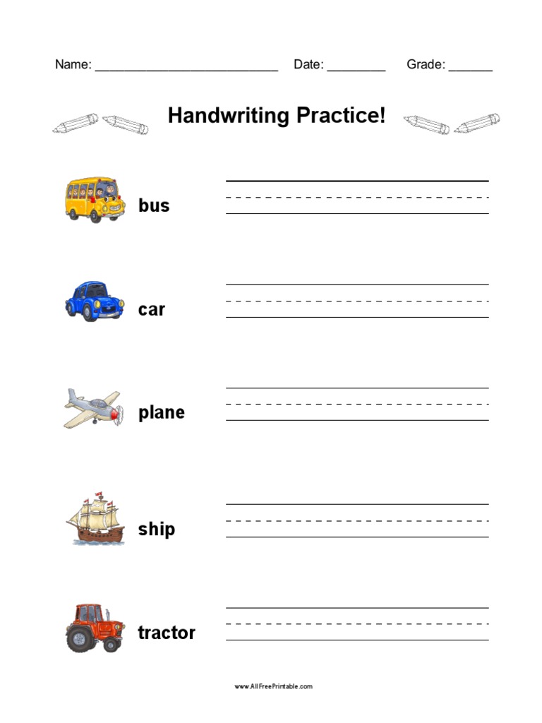 Hand Writing Practice Sheet - Transportation | PDF