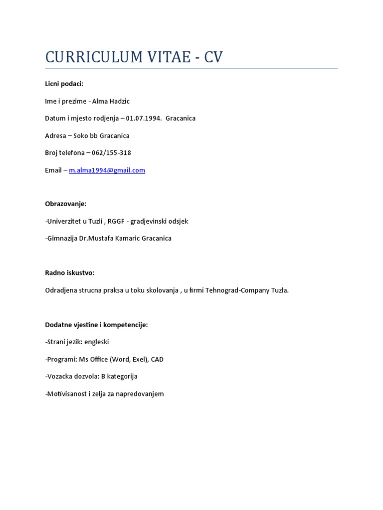 CV of Alma Hadzic - Engineering Graduate | PDF