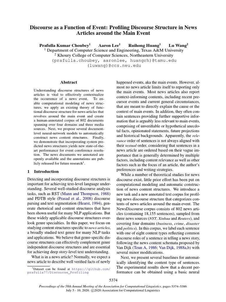Choubey Et Al 2020 Discourse As A Function Of Event Profiling Discourse Structure In News