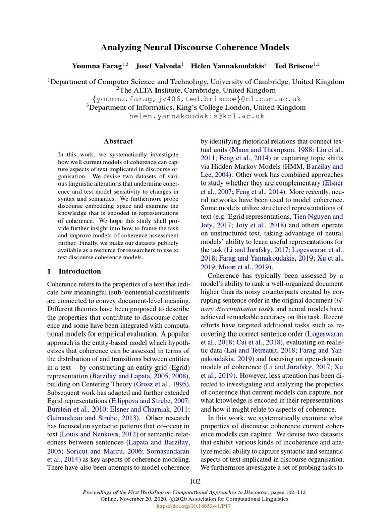 Farag Et Al. - 2020 - Analyzing Neural Discourse Coherence Models | PDF Farag Et Al. - 2020 - Analyzing Neural Discourse Coherence Models | PDF