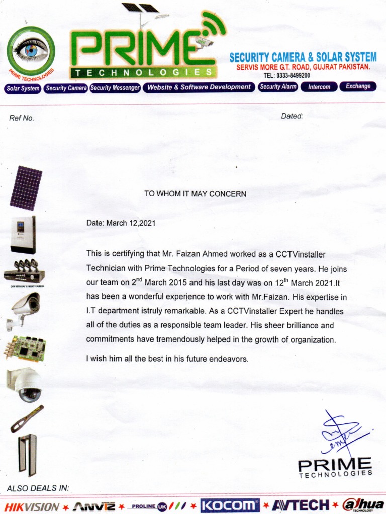 Faizan Ahmed Experience Letter in CCTV Department | PDF