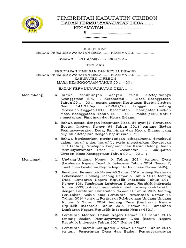 DRAFT SK BPD Penetapan Struktur BPD | PDF