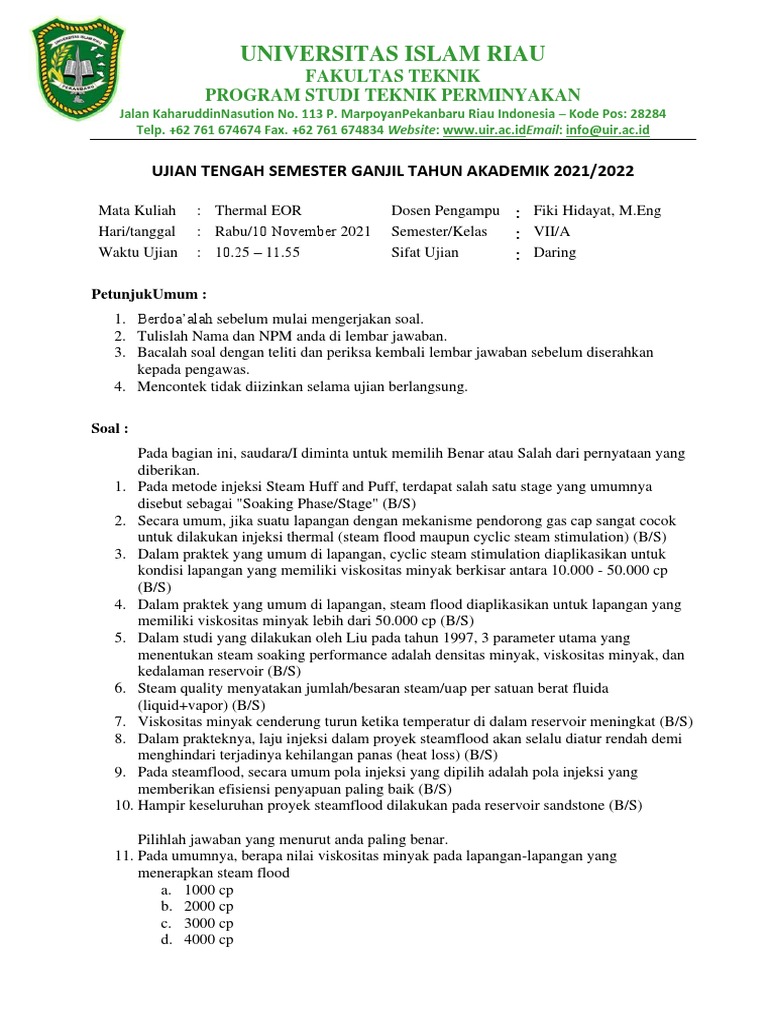 UTS Thermal EOR Smt Ganjil TA 2021-2022 | PDF