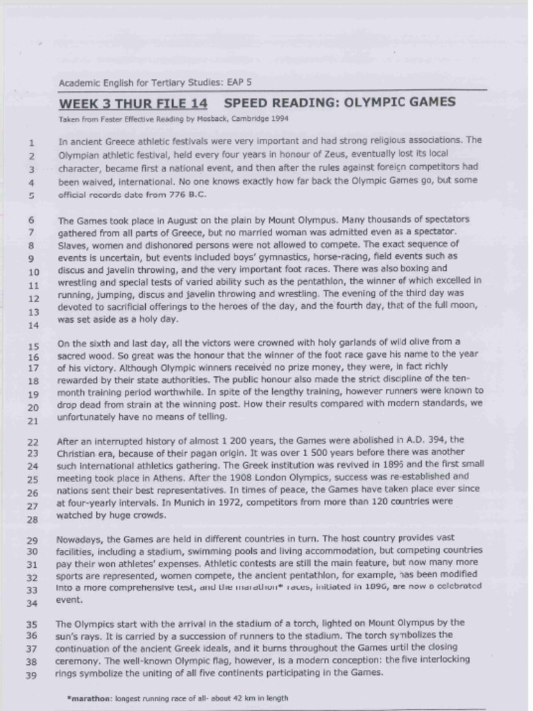 EAP5 Week 3 Thu F14 - Speed Reading Olympic Games - NO ANSWERS | PDF