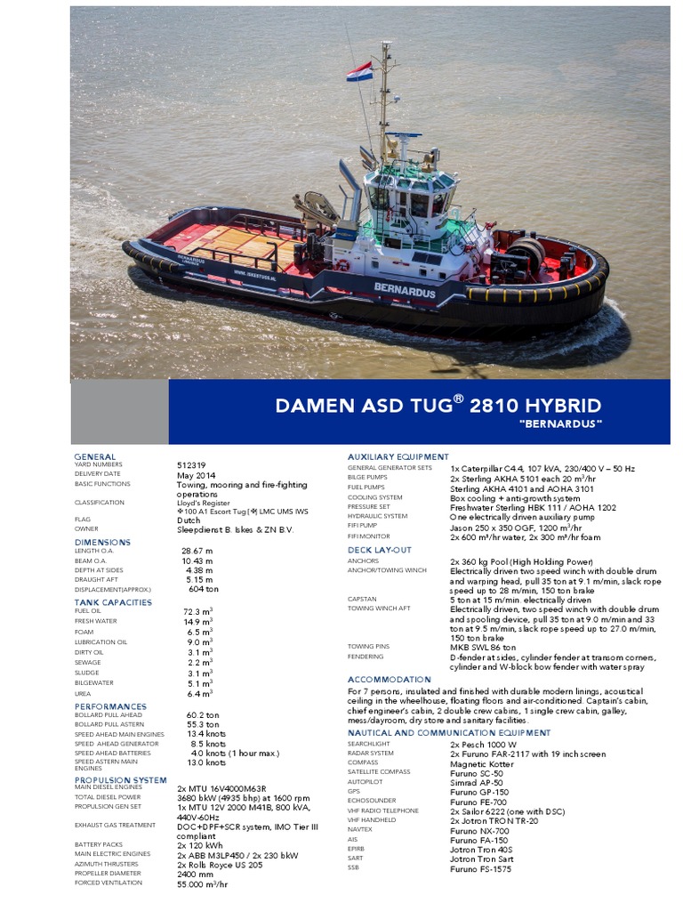 Damen ASD Tug 2810 Hybrid (Product Sheet) Bernardus | PDF | Water ...