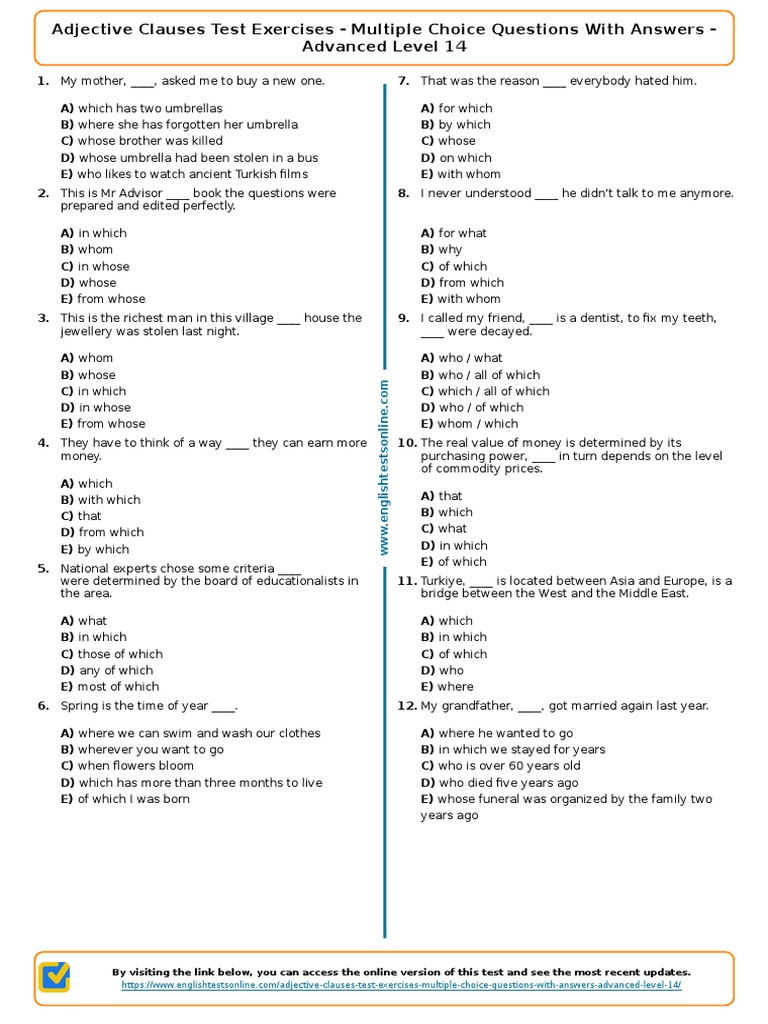 513 - Adjective Clauses Test Exercises Multiple Choice Questions With ... 513 - Adjective Clauses Test Exercises Multiple Choice Questions With ...