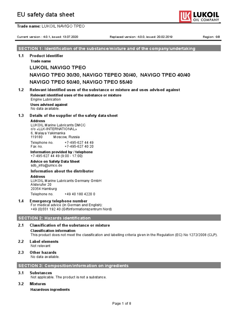 LUKOIL NAVIGO TPEO Safety Data Sheet | PDF | Dangerous Goods | Toxicity
