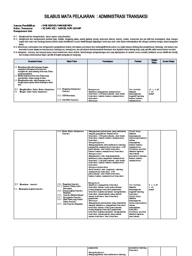 Silabus Administrasi Transaksi 1 | PDF