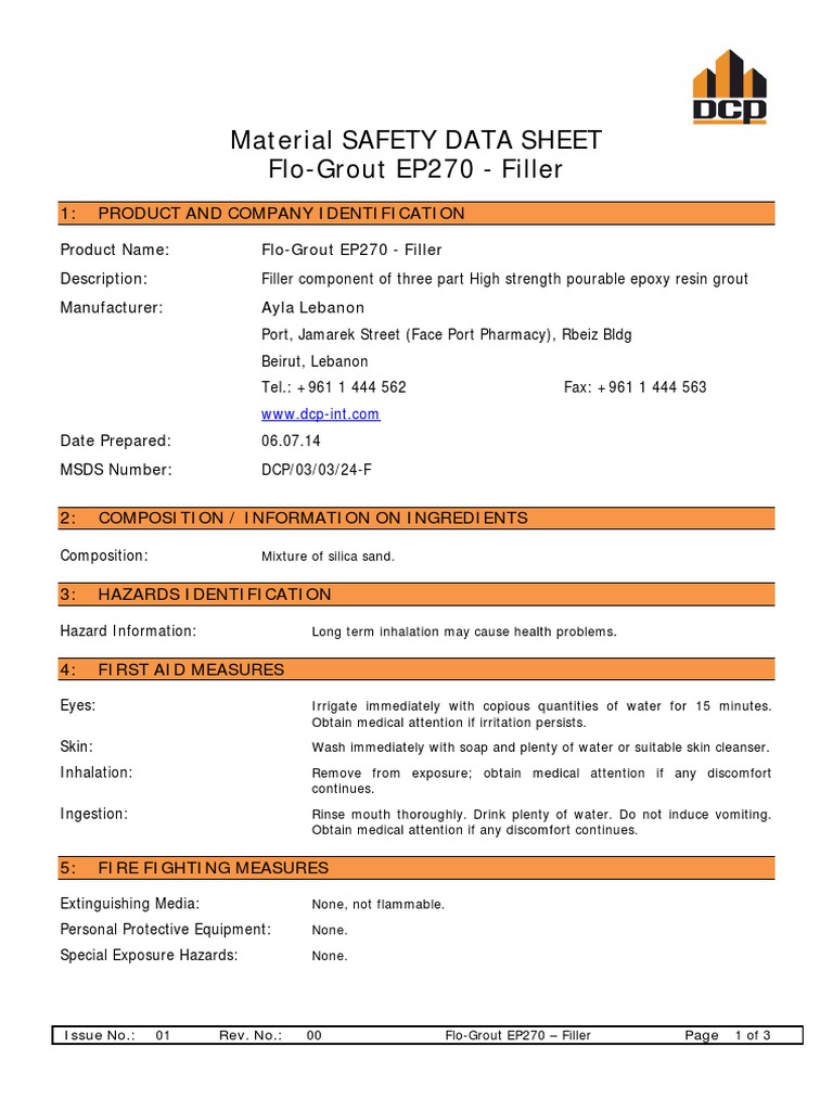 Flo-Grout EP270 Filler Safety Data Sheet | PDF | Toxicity | Silicon Dioxide