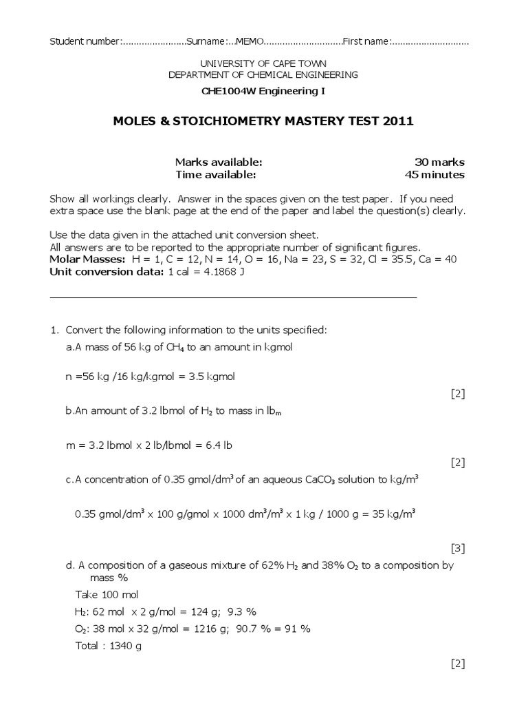 2011 Stoichiometry Test MEMO | PDF | Mole (Unit) | Ammonia