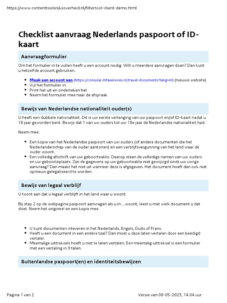 Checklist Aanvraag Nederlands Paspoort of Id Kaart | PDF