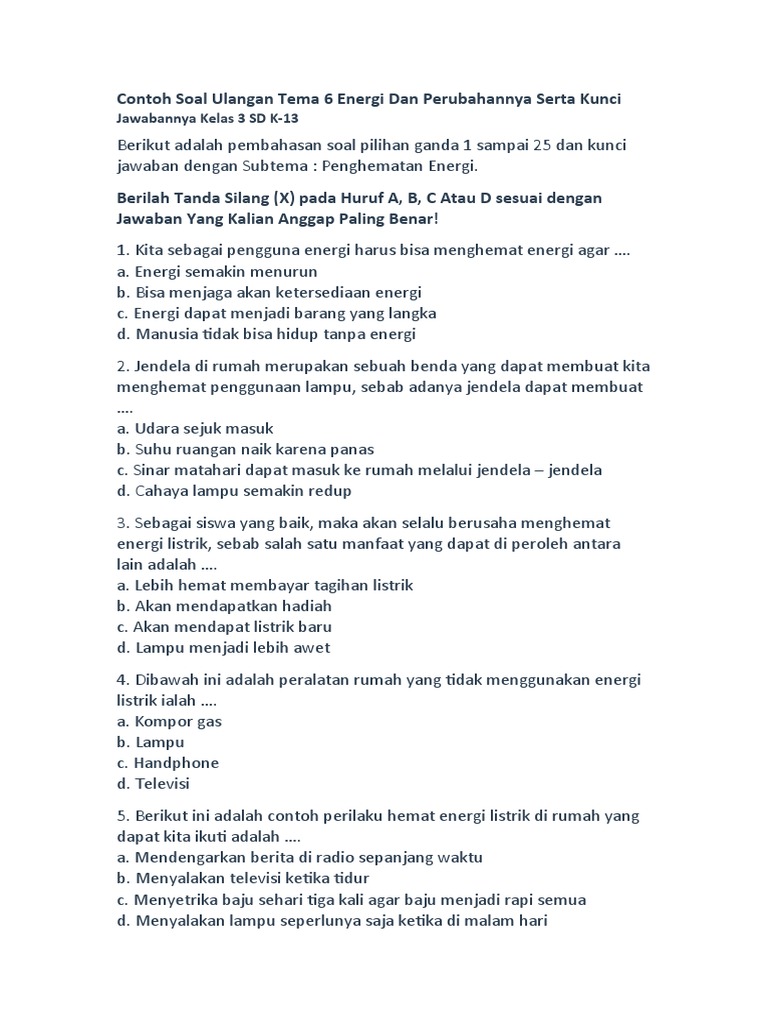 Contoh Soal Ulangan Tema 6 Energi Dan Perubahannya | PDF | Game & Aktivitas