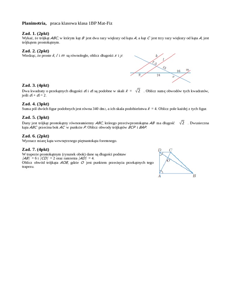 Praca Klasowa Planimetria | PDF