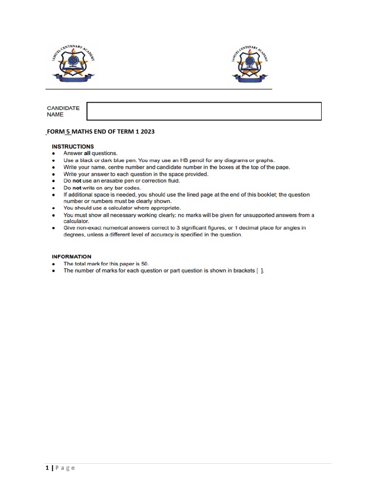 Form 5 Maths End of Term 1 2023 | PDF