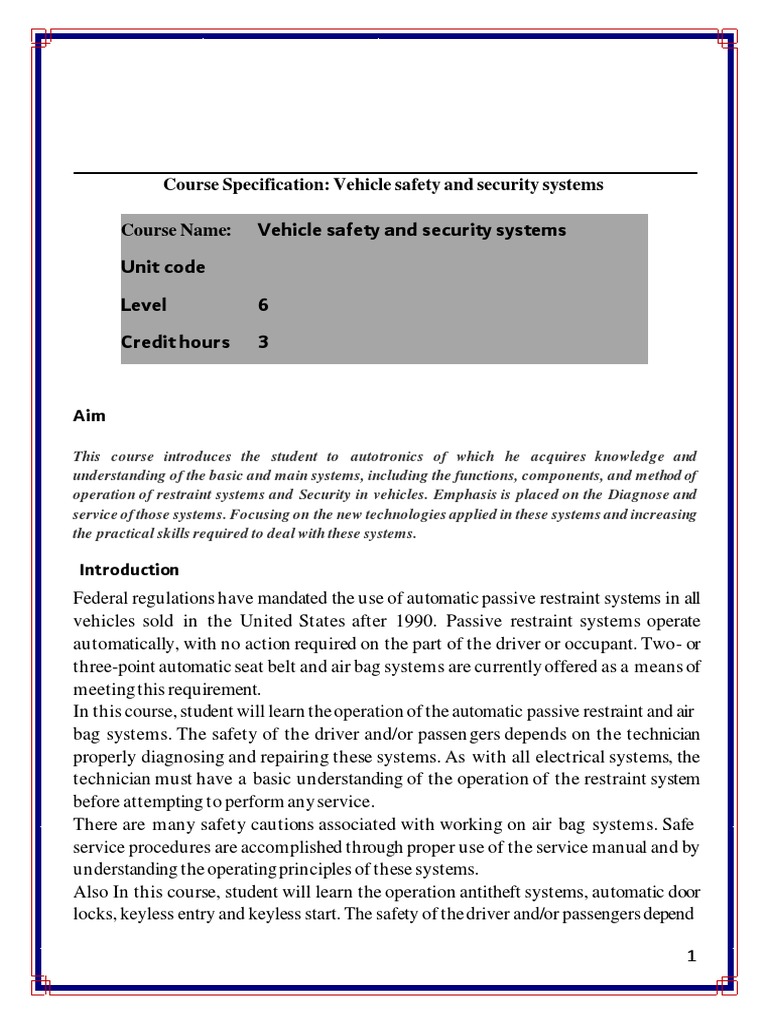 Vehicle safety and security systems | PDF