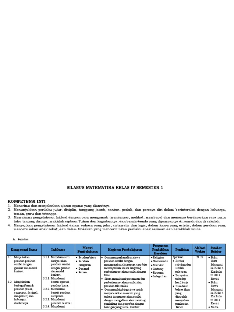 Silabus Matematika Kelas 4 Semester 1 | PDF
