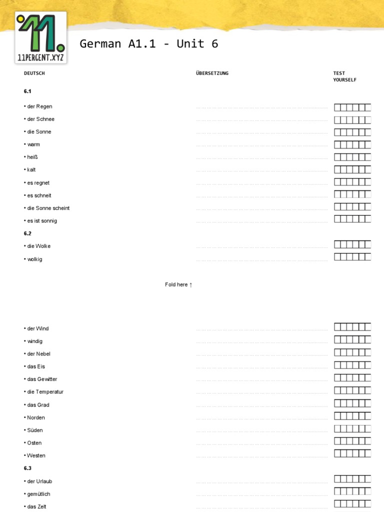 German A1.1 Vocabulary Sheet Unit 6 | PDF