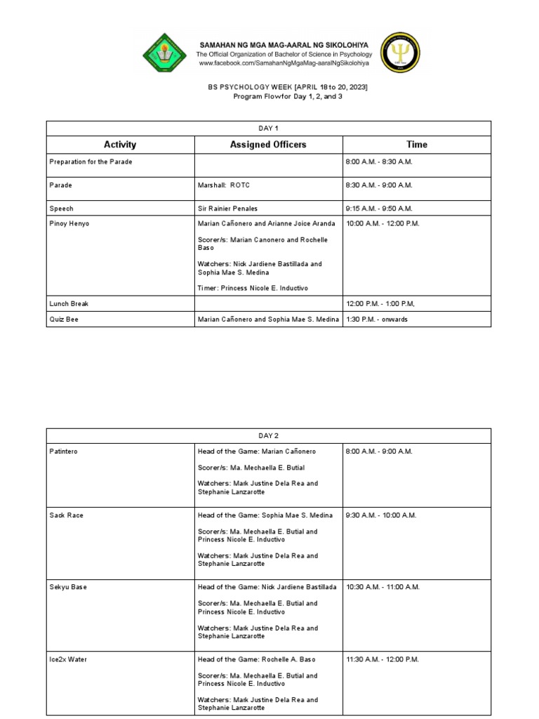 Psych Week Program Flow | PDF