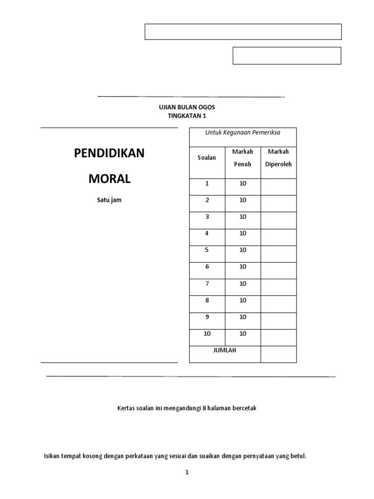 Ujian Ogos Pendidikan Moral Tingkatan 1 KSSM | PDF