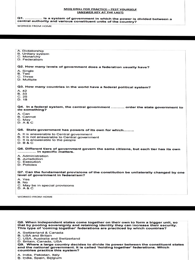 Federalism Test MCQ | PDF