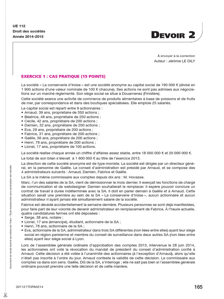 Droit des sociétés : Cas pratique 2014-2015 | PDF