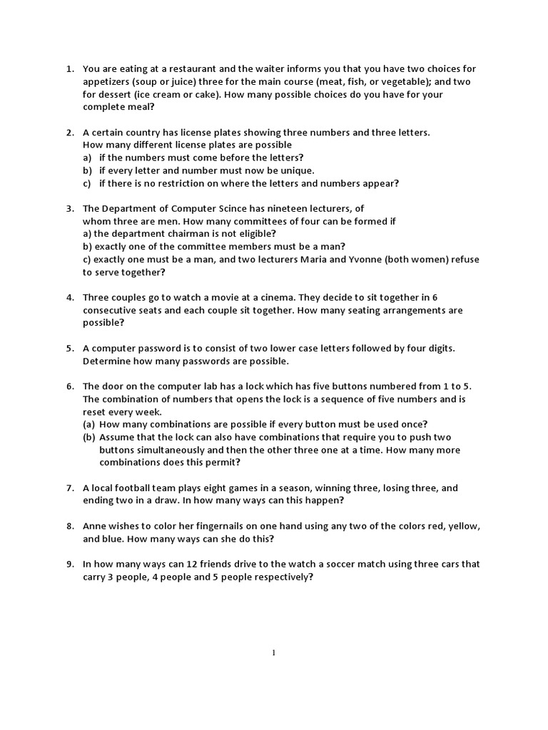 MC1511S Combinatorics Tutorial Worksheet Without Solutions | PDF