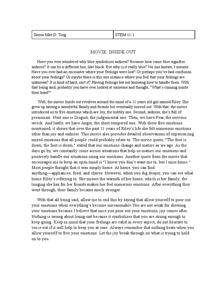 A Movie Essay About Inside Out | PDF | Feeling | Emotions