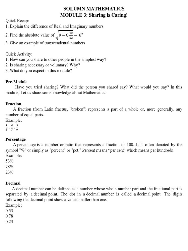 Solumn Mathematics Module 3 (Fractions) | PDF | Decimal | Numbers
