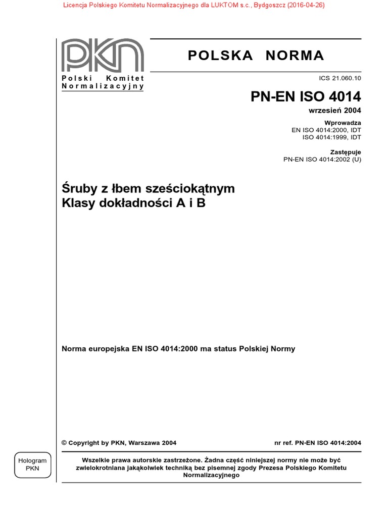 Pn-En Iso 4014 - 2004P | PDF