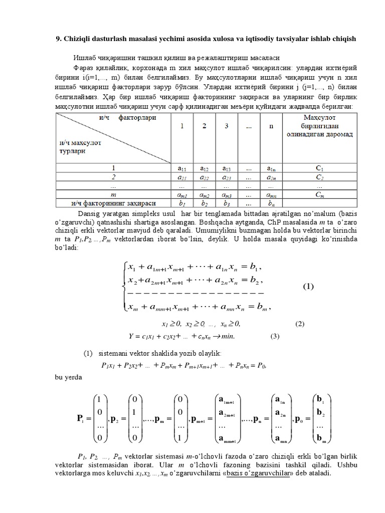 Chiziqli Dasturlash Masalasi Yechimi Asosida Xulosa Va Iqtisodiy Tavsiyalar Ishlab Chiqish | PDF