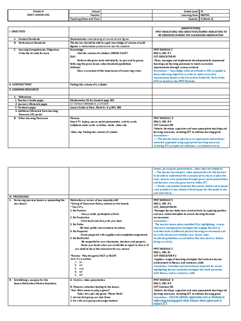 Volume of Cylinder Lesson Plan for Grade 6 | PDF | Educational ...