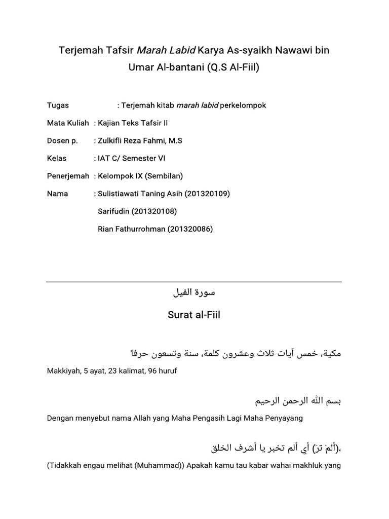 Terjemah Tafsir Marah Labid Surah Alfiil | PDF