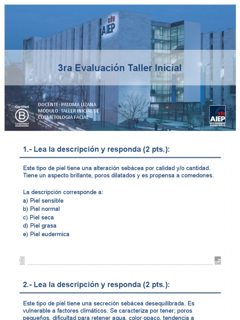 3ra Evaluación Taller Inicial | PDF | Piel | Anatomía humana 3ra Evaluación Taller Inicial | PDF | Piel | Anatomía humana