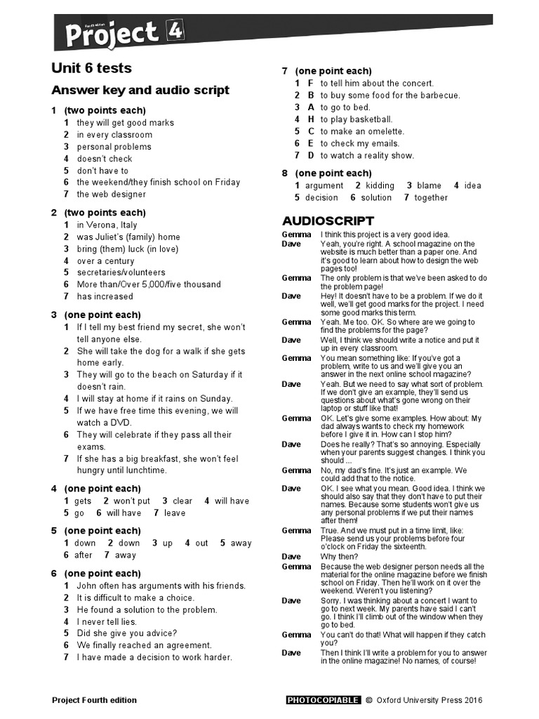 Project - English - 4 - 4th - Ed - Tests - Unit 6 - Megoldas | PDF