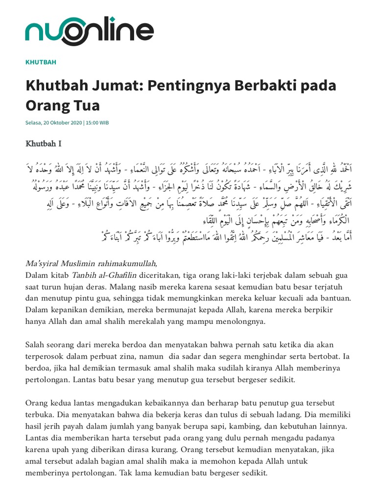 Khutbah Jumat - Pentingnya Berbakti Pada Orang Tua - NU Online | PDF