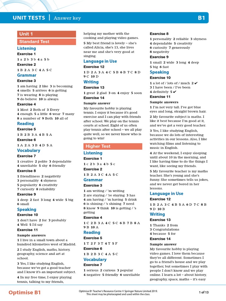 OPT B1 Unit Tests Answers | PDF