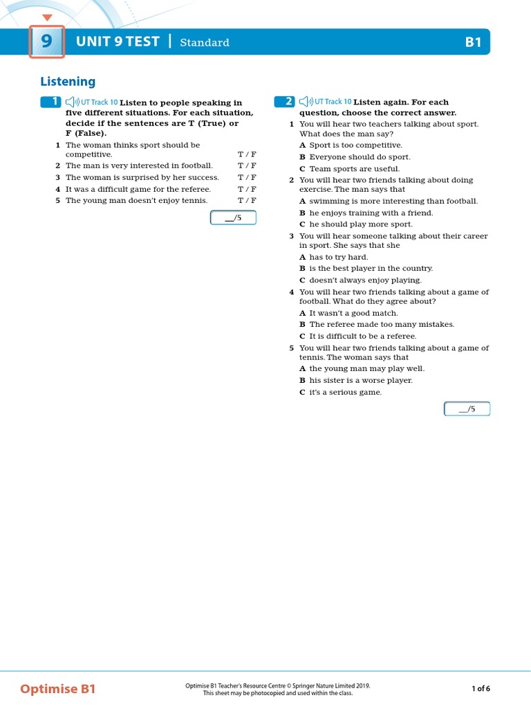 OPT B1 Unit Test 9 Standard | PDF | Volleyball | Sports