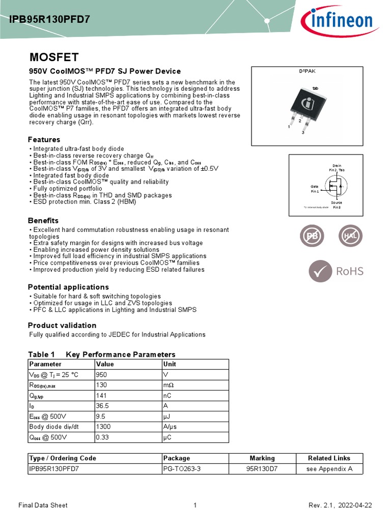 Infineon IPB95R130PFD7 DataSheet v02 - 01 EN | PDF | Printed Circuit Board | Diode
