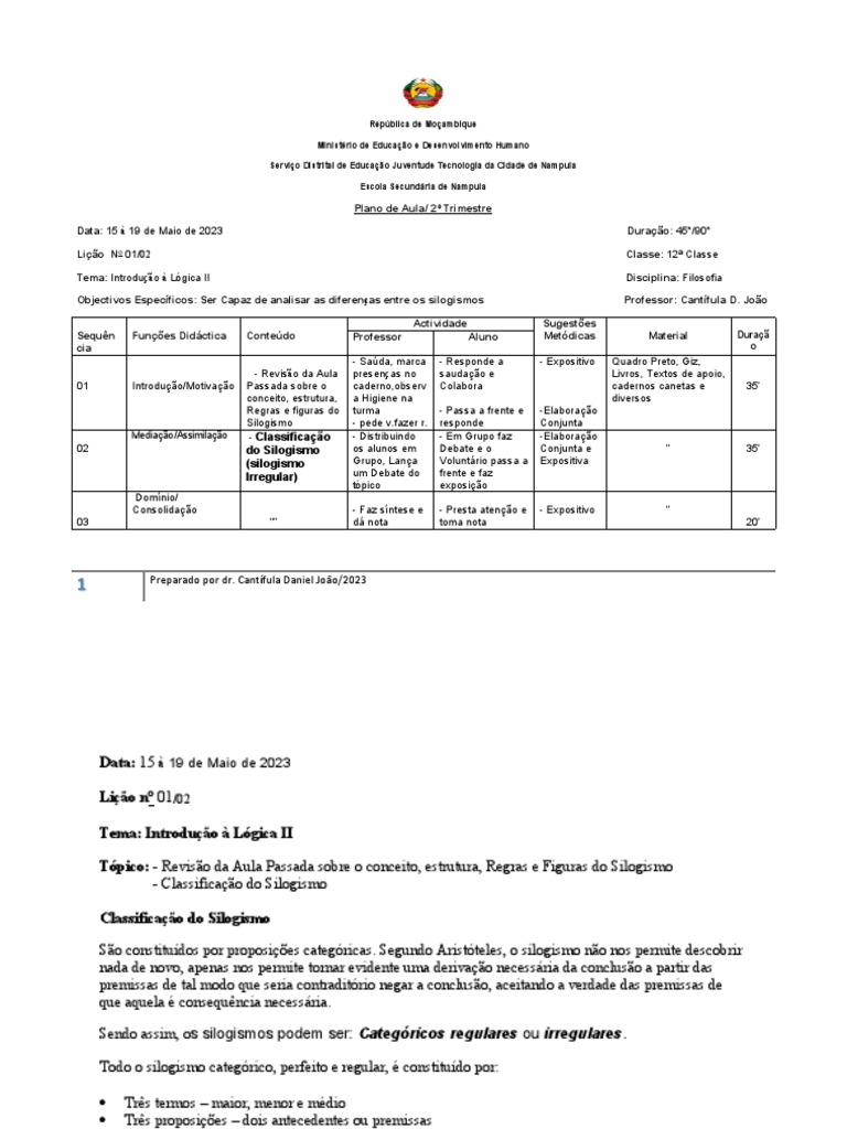 Plano 01 Da 12a Classe para 2o Trimestre - 090456 | PDF | Lógica ...