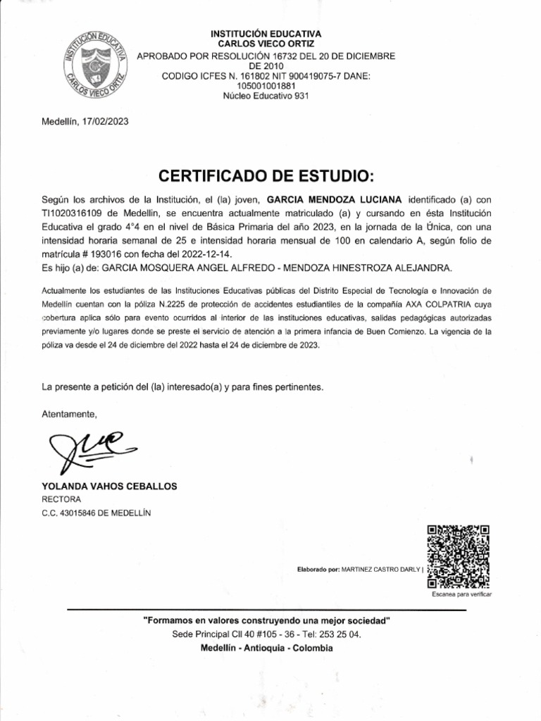 Certificado de Estudio Luciana Garcia | PDF