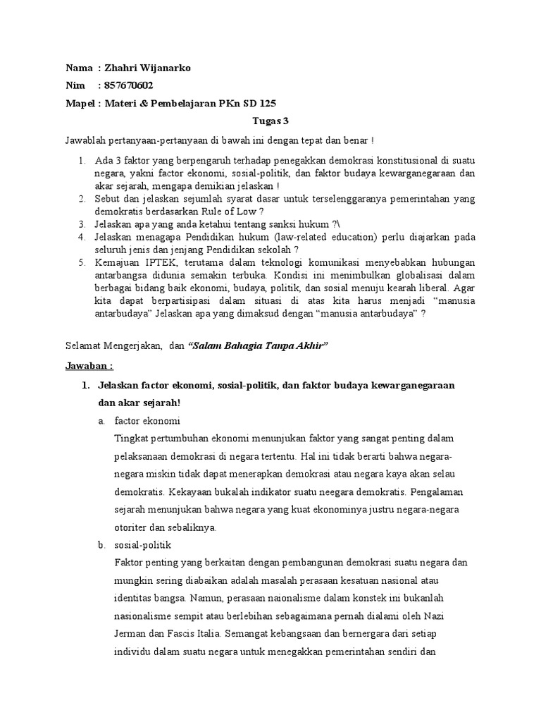 Tugas 3 Materi & Pembelajaran PKN SD 125 | PDF