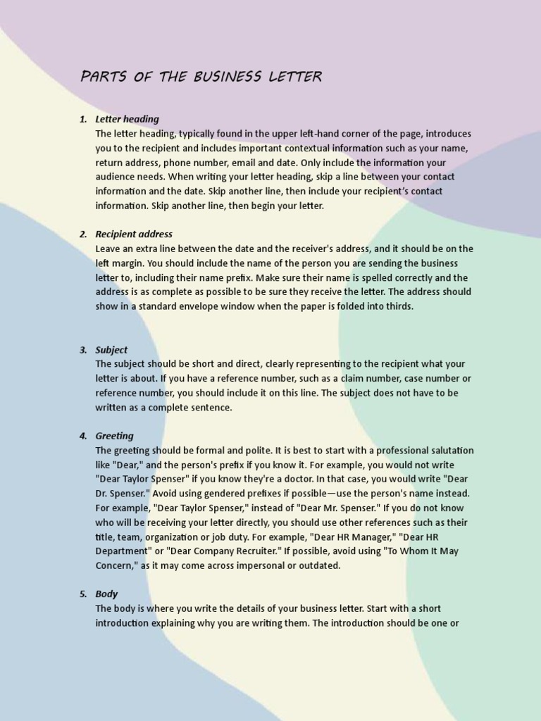 Parts of The Business Letter | PDF | Written Communication | Writing